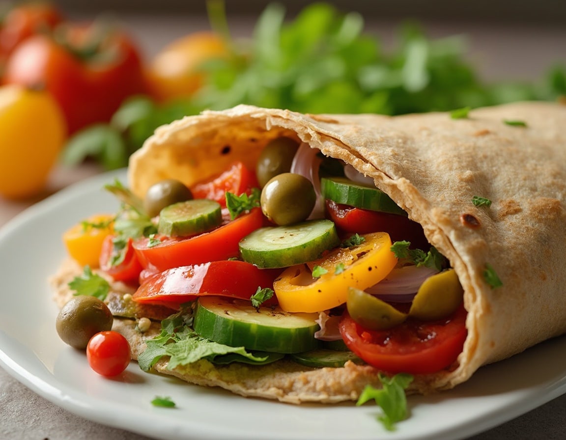 Rețetă wrap integral cu humus, măsline & legume la grill